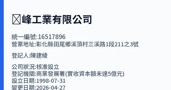 㫥峰工業有限公司的照片-統編 16517896(彰化縣) 公司登記資料與營業項目詳細圖表