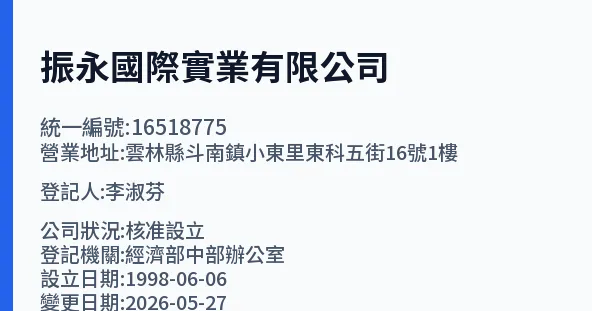 振永國際實業有限公司的照片-統編 16518775(雲林縣) 公司登記資料與營業項目詳細圖表