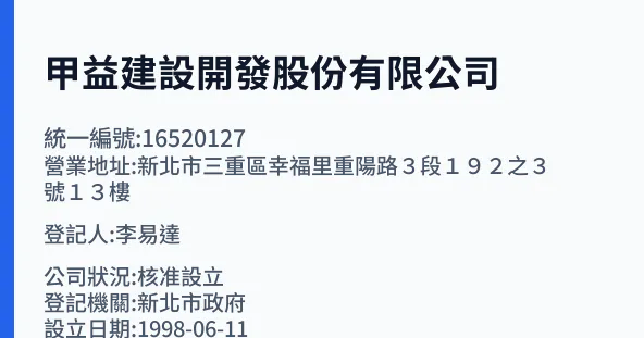 甲益建設開發股份有限公司的照片-統編 16520127(新北市) 公司登記資料與營業項目詳細圖表
