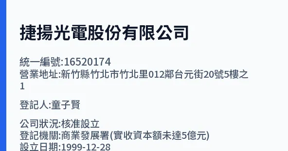 捷揚光電股份有限公司的照片-統編 16520174(新竹縣) 公司登記資料與營業項目詳細圖表