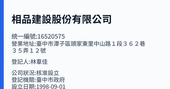 相品建設股份有限公司的照片-統編 16520575(臺中市) 公司登記資料與營業項目詳細圖表