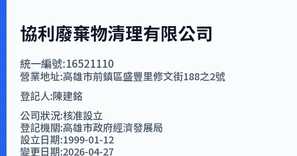 協利廢棄物清理有限公司的照片-統編 16521110(高雄市) 公司登記資料與營業項目詳細圖表