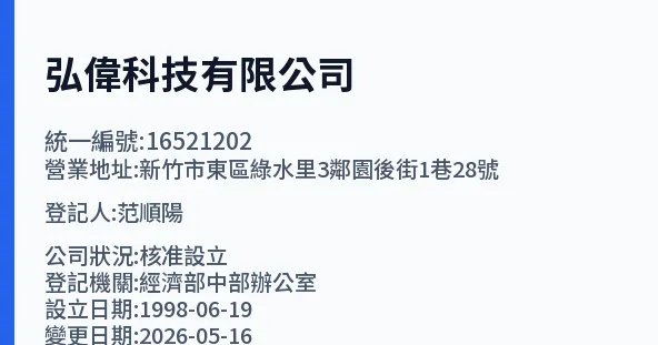 弘偉科技有限公司的照片-統編 16521202(新竹市) 公司登記資料與營業項目詳細圖表
