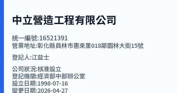 中立營造工程有限公司的照片-統編 16521391(彰化縣) 公司登記資料與營業項目詳細圖表