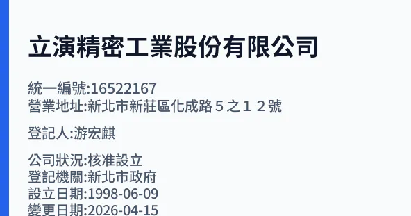 立演精密工業股份有限公司的照片-統編 16522167(新北市) 公司登記資料與營業項目詳細圖表