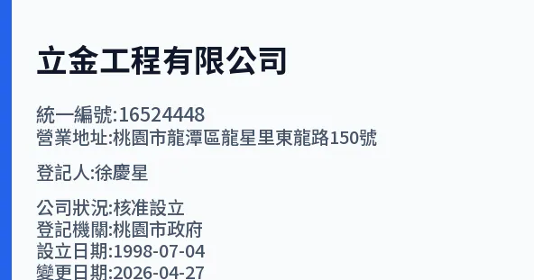 立金工程有限公司的照片-統編 16524448(桃園市) 公司登記資料與營業項目詳細圖表