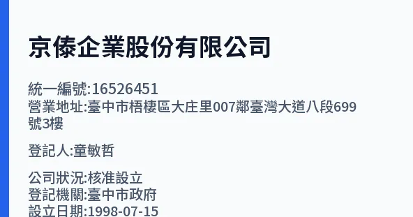 京傣企業股份有限公司的照片-統編 16526451(臺中市) 公司登記資料與營業項目詳細圖表