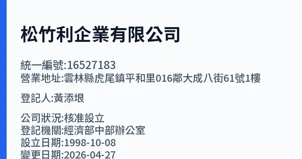 松竹利企業有限公司的照片-統編 16527183(雲林縣) 公司登記資料與營業項目詳細圖表
