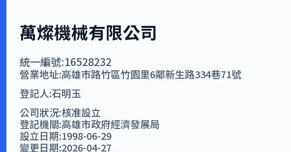 萬燦機械有限公司的照片-統編 16528232(高雄市) 公司登記資料與營業項目詳細圖表