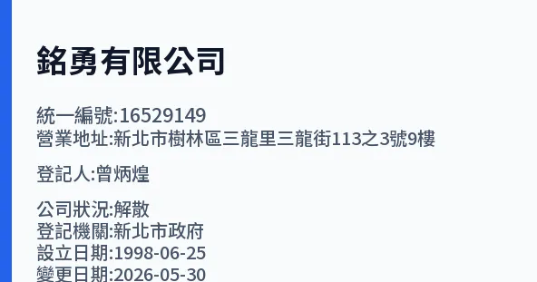 銘勇有限公司的照片-統編 16529149(新北市) 公司登記資料與營業項目詳細圖表