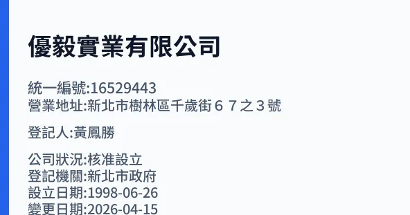 優毅實業有限公司 - 統編 16529443(新北市) 公司登記資料與營業項目詳細圖表