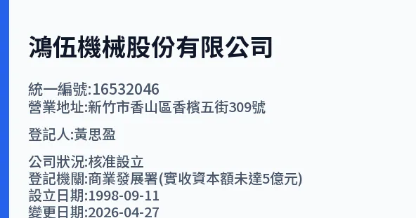 鴻伍機械股份有限公司的照片-統編 16532046(新竹市) 公司登記資料與營業項目詳細圖表