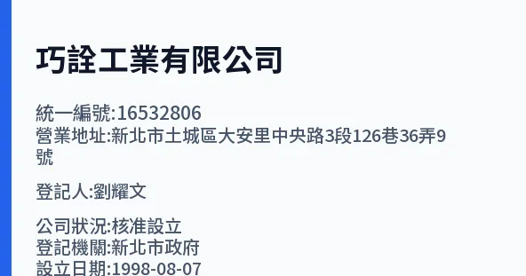 巧詮工業有限公司的照片-統編 16532806(新北市) 公司登記資料與營業項目詳細圖表