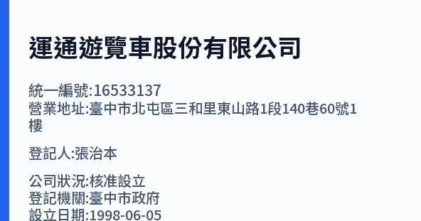 運通遊覽車股份有限公司的照片-統編 16533137(臺中市) 公司登記資料與營業項目詳細圖表