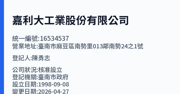 嘉利大工業股份有限公司的照片-統編 16534537(臺南市) 公司登記資料與營業項目詳細圖表