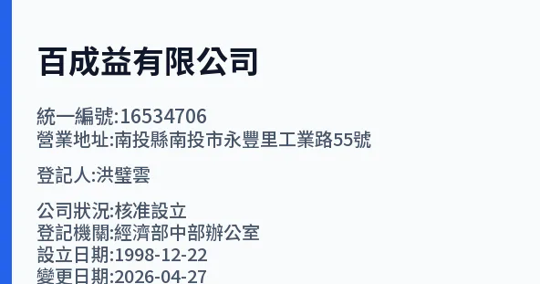 百成益有限公司的照片-統編 16534706(南投縣) 公司登記資料與營業項目詳細圖表