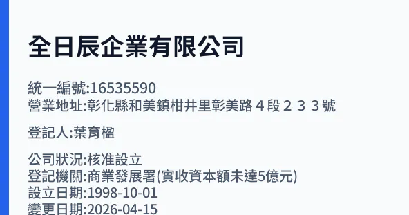 全日辰企業有限公司的照片-統編 16535590(彰化縣) 公司登記資料與營業項目詳細圖表