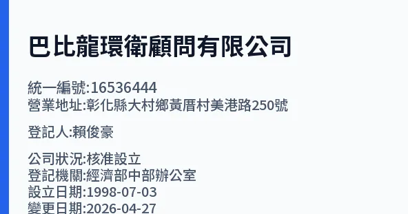 巴比龍環衛顧問有限公司的照片-統編 16536444(彰化縣) 公司登記資料與營業項目詳細圖表