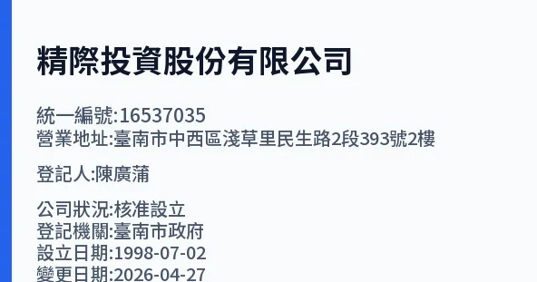 精際投資股份有限公司的照片-統編 16537035(臺南市) 公司登記資料與營業項目詳細圖表