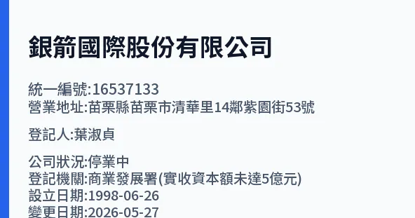 銀箭國際股份有限公司的照片-統編 16537133(苗栗縣) 公司登記資料與營業項目詳細圖表