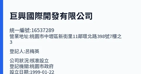 巨興國際開發有限公司的照片-統編 16537289(桃園市) 公司登記資料與營業項目詳細圖表