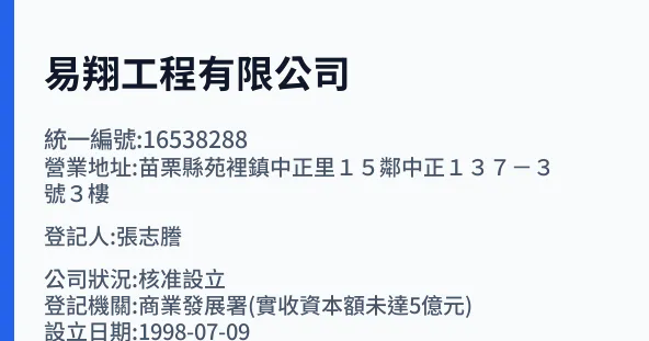 易翔工程有限公司的照片-統編 16538288(苗栗縣) 公司登記資料與營業項目詳細圖表