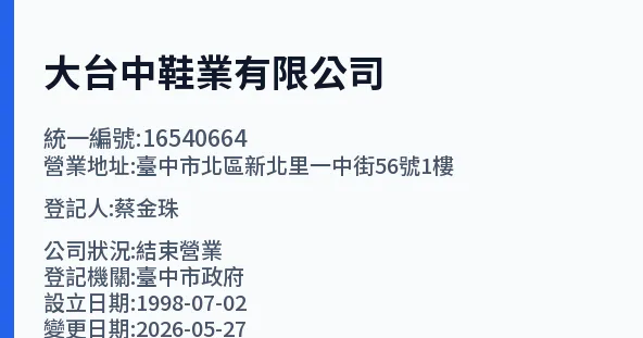 大台中鞋業有限公司的照片-統編 16540664(臺中市) 公司登記資料與營業項目詳細圖表