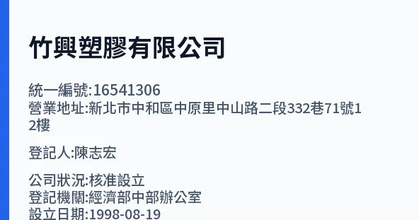 竹興塑膠有限公司的照片-統編 16541306(新北市) 公司登記資料與營業項目詳細圖表