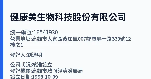 健康美生物科技股份有限公司的照片-統編 16541930(高雄市) 公司登記資料與營業項目詳細圖表