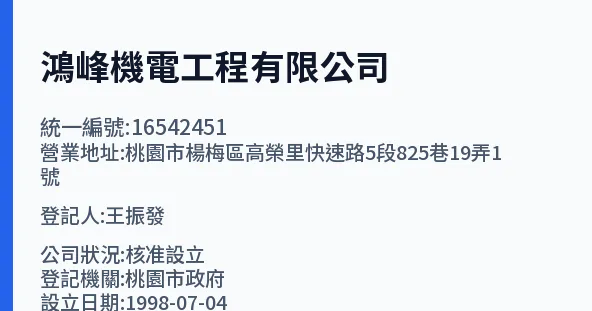 鴻峰機電工程有限公司的照片-統編 16542451(桃園市) 公司登記資料與營業項目詳細圖表