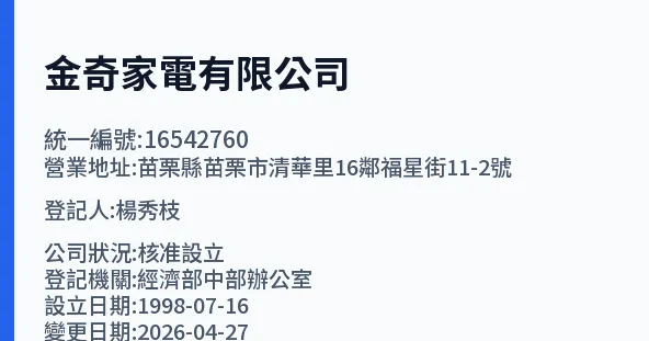 金奇家電有限公司的照片-統編 16542760(苗栗縣) 公司登記資料與營業項目詳細圖表