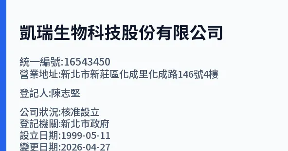 凱瑞生物科技股份有限公司的照片-統編 16543450(新北市) 公司登記資料與營業項目詳細圖表