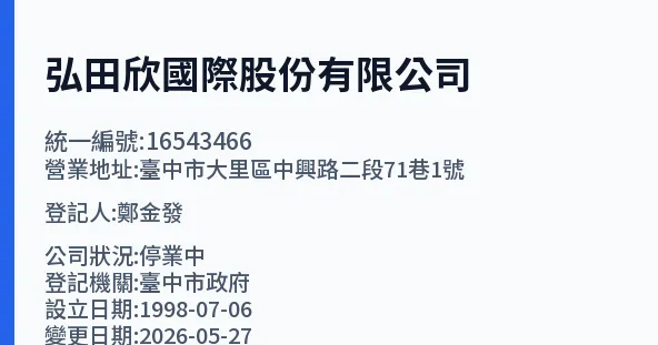 弘田欣國際股份有限公司的照片-統編 16543466(臺中市) 公司登記資料與營業項目詳細圖表