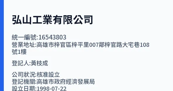 弘山工業有限公司的照片-統編 16543803(高雄市) 公司登記資料與營業項目詳細圖表