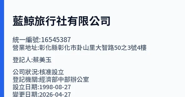 藍鯨旅行社有限公司的照片-統編 16545387(彰化縣) 公司登記資料與營業項目詳細圖表