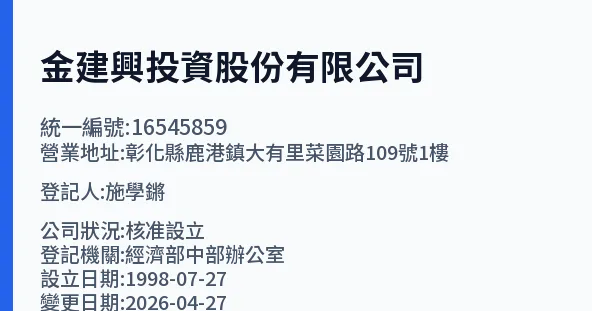金建興投資股份有限公司的照片-統編 16545859(彰化縣) 公司登記資料與營業項目詳細圖表