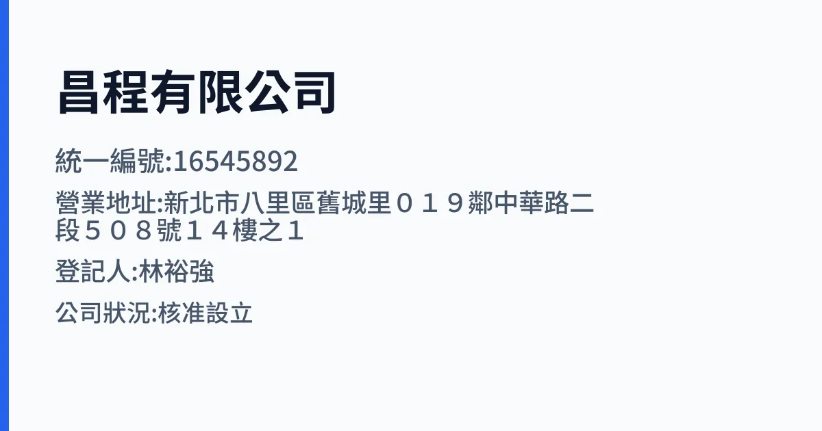 昌程有限公司 - 統編 16545892(新北市) 公司登記資料與營業項目詳細圖表