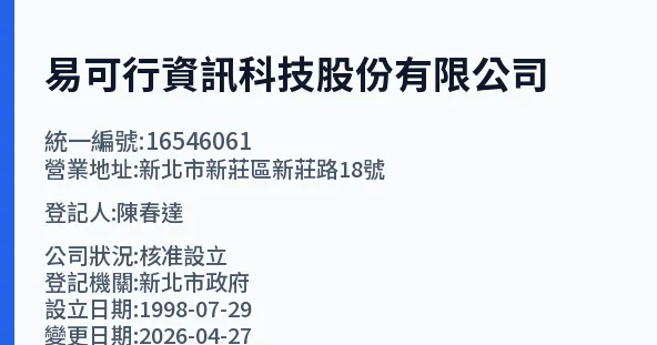 易可行資訊科技股份有限公司的照片-統編 16546061(新北市) 公司登記資料與營業項目詳細圖表