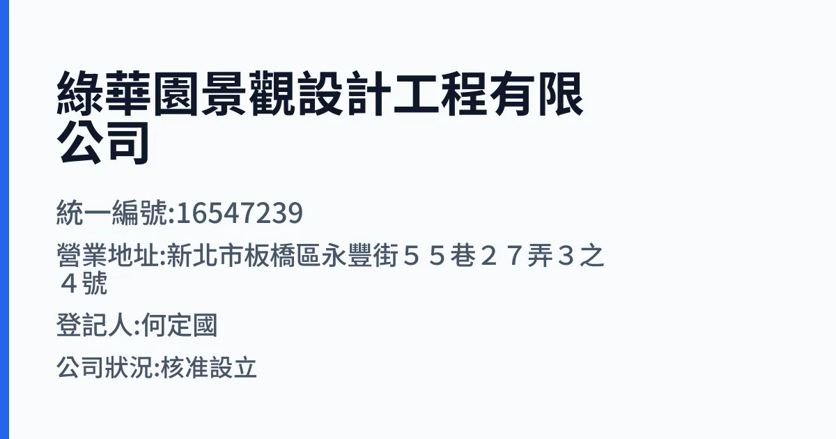 綠華園景觀設計工程有限公司 - 統編 16547239(新北市) 公司登記資料與營業項目詳細圖表