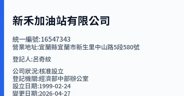 新禾加油站有限公司的照片-統編 16547343(宜蘭縣) 公司登記資料與營業項目詳細圖表