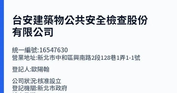 台安建築物公共安全檢查股份有限公司的照片-統編 16547630(新北市) 公司登記資料與營業項目詳細圖表