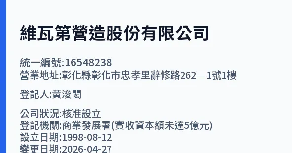 維瓦第營造股份有限公司的照片-統編 16548238(彰化縣) 公司登記資料與營業項目詳細圖表