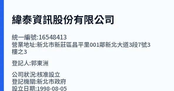 緯泰資訊股份有限公司的照片-統編 16548413(新北市) 公司登記資料與營業項目詳細圖表