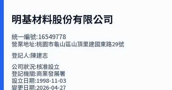明基材料股份有限公司的照片-統編 16549778(桃園市) 公司登記資料與營業項目詳細圖表