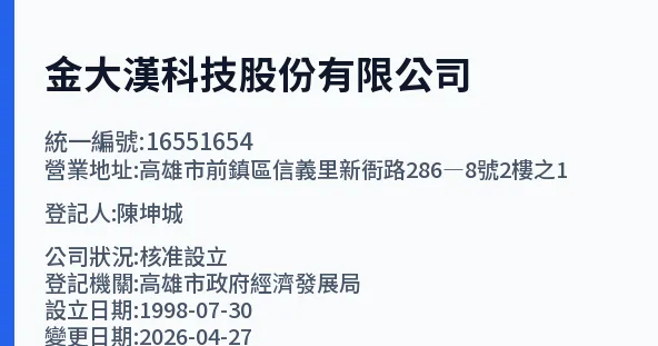 金大漢科技股份有限公司的照片-統編 16551654(高雄市) 公司登記資料與營業項目詳細圖表