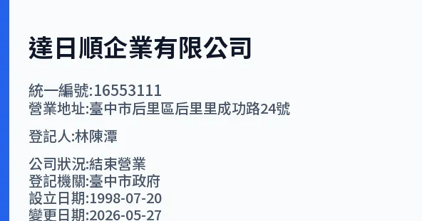 達日順企業有限公司的照片-統編 16553111(臺中市) 公司登記資料與營業項目詳細圖表