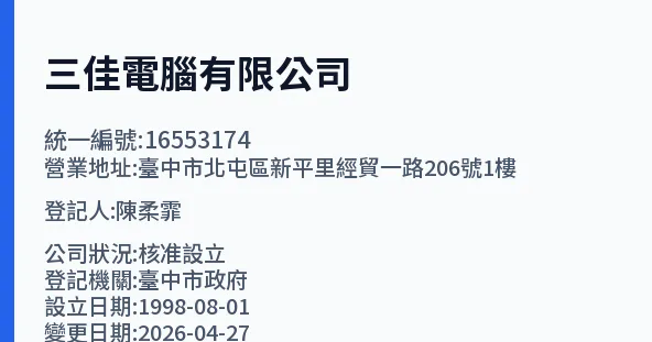 三佳電腦有限公司的照片-統編 16553174(臺中市) 公司登記資料與營業項目詳細圖表