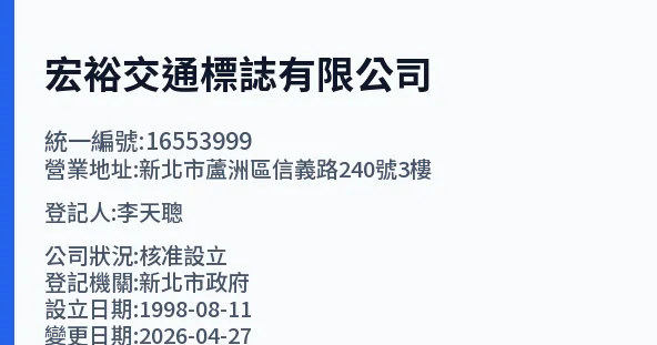 宏裕交通標誌有限公司的照片-統編 16553999(新北市) 公司登記資料與營業項目詳細圖表