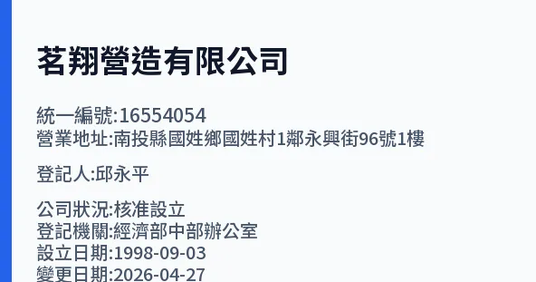 茗翔營造有限公司的照片-統編 16554054(南投縣) 公司登記資料與營業項目詳細圖表