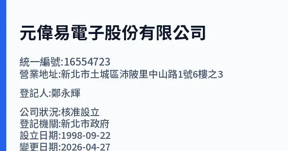 元偉易電子股份有限公司的照片-統編 16554723(新北市) 公司登記資料與營業項目詳細圖表